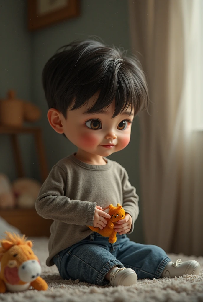 A one-armed boy puts his toy sleeve in his pocket - SeaArt AI