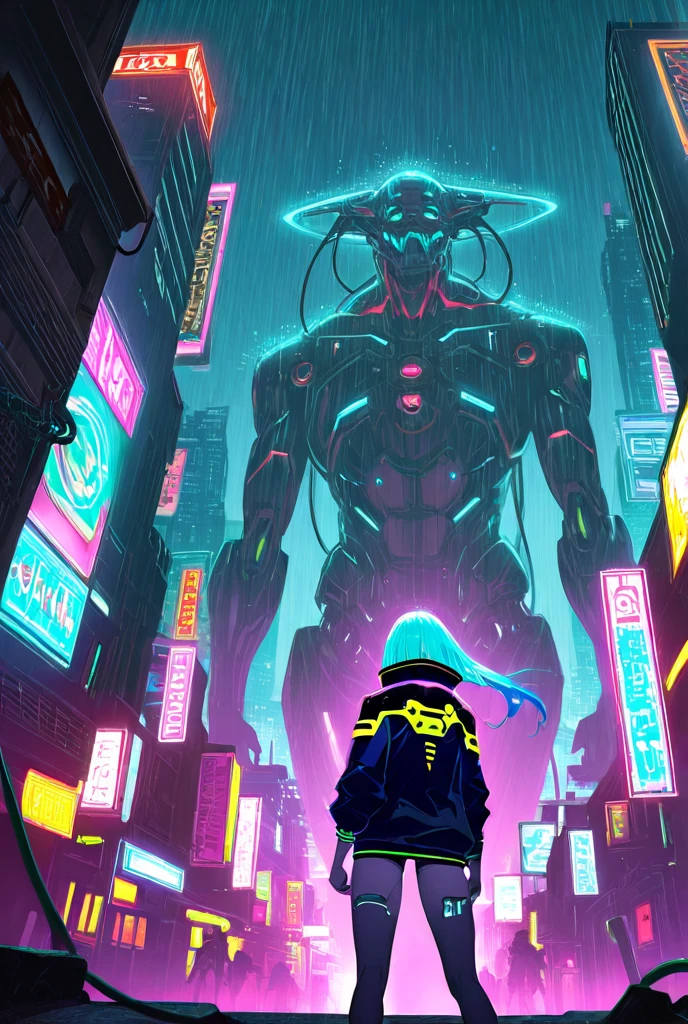 “A cyberpunk woman with neon-blue hair and cybernetic enhancements ...