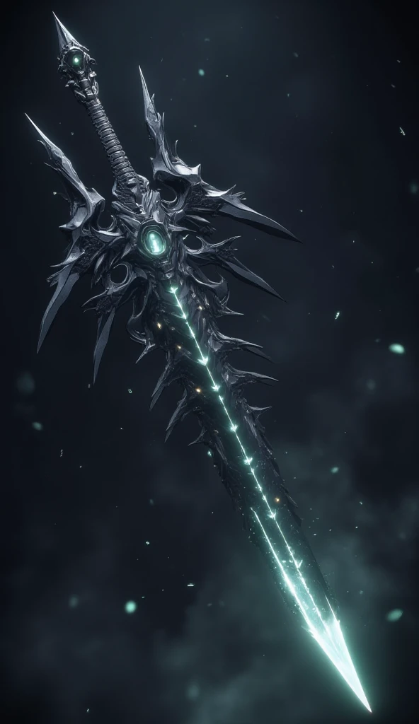 A dark, mystical greatsword floating in a glowing ethereal space ...