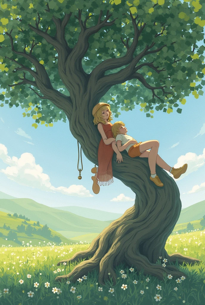 On 1 tree, a girl is leaning on the tree on the left side, and a boy ...