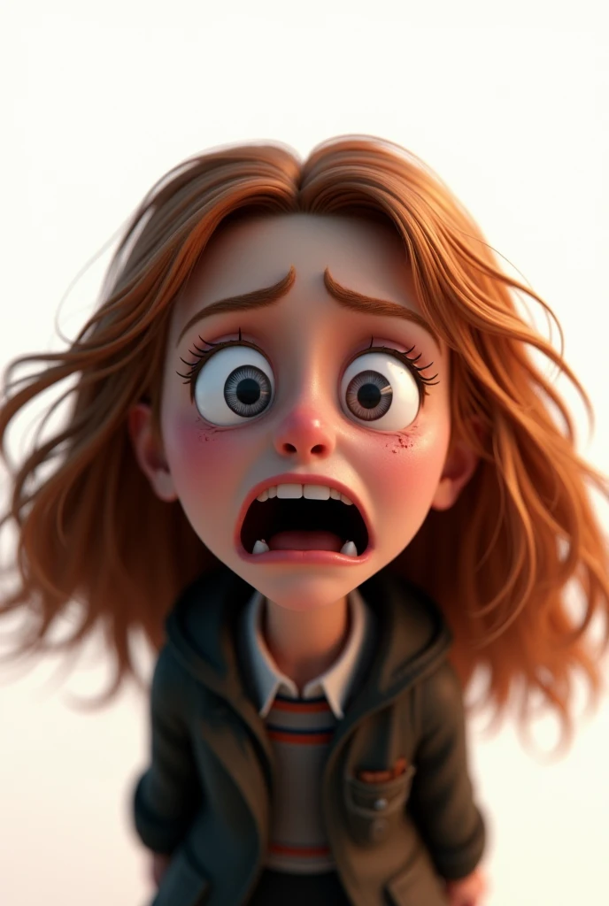Pixar style 3D image Hermione Granger very scared white background ...