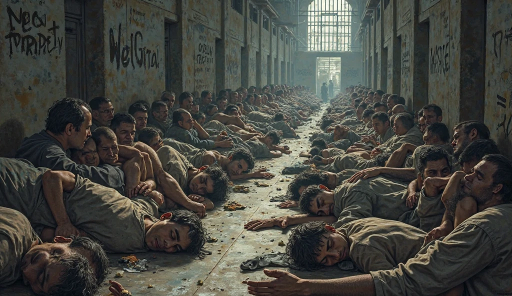Overcrowded cells with prisoners packed together, some sleeping on the ...