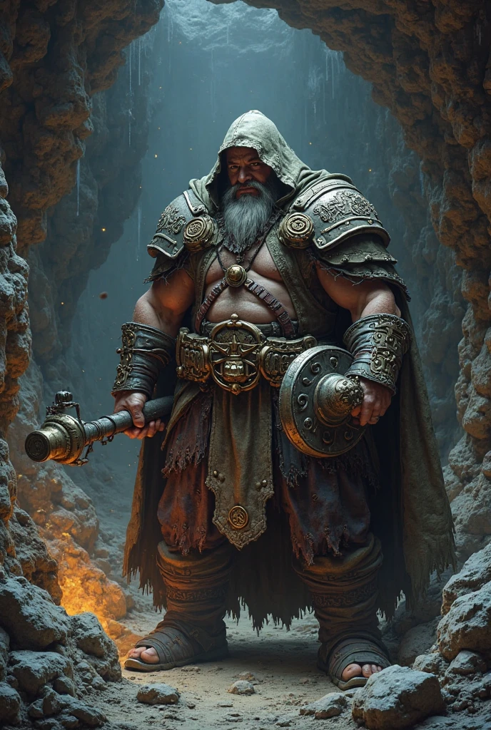 Dwarf warrior with a sturdy heavy and short two-handed magic cannon ...