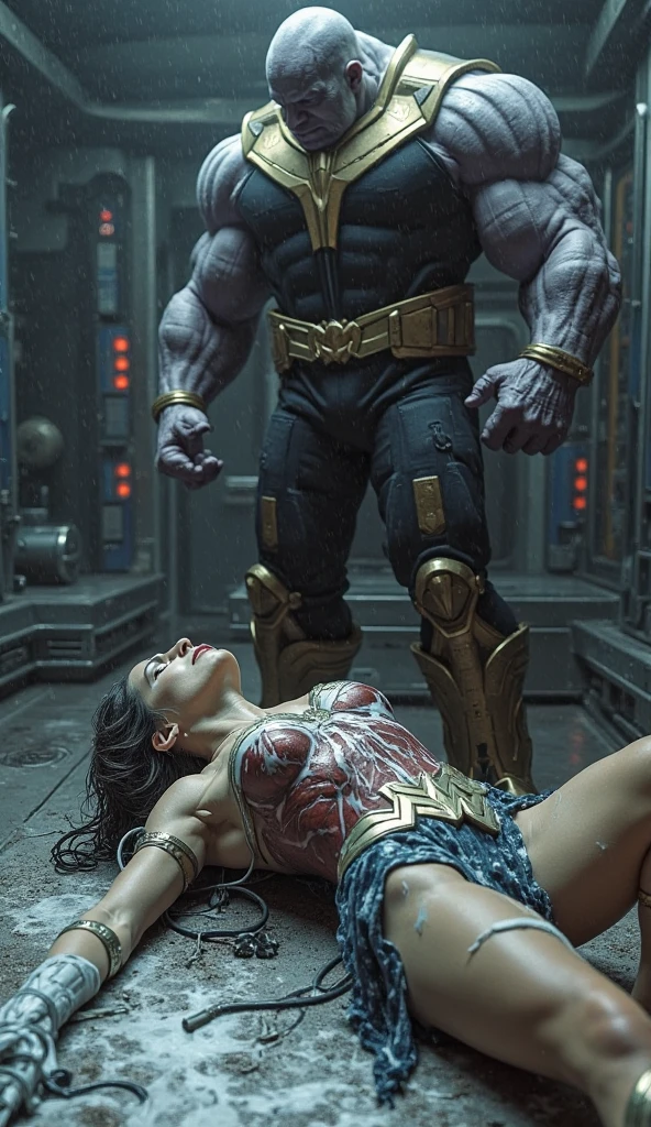 Unconscious Wonder woman on ground, Thanos is standing infront - SeaArt AI