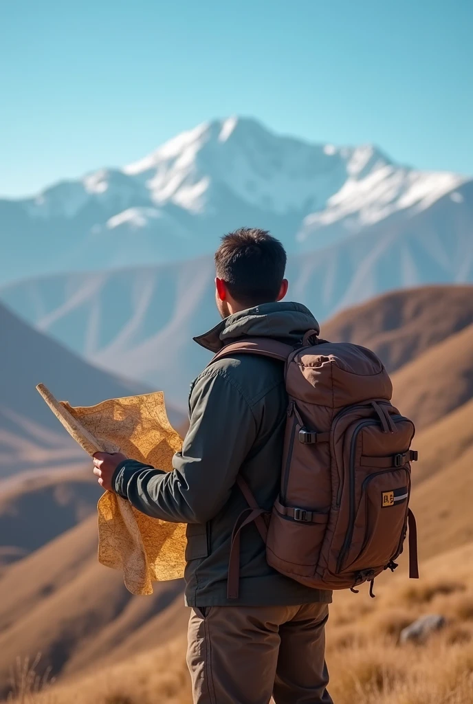 Photo of a traveler seen from behind with his travel backpack looking ...