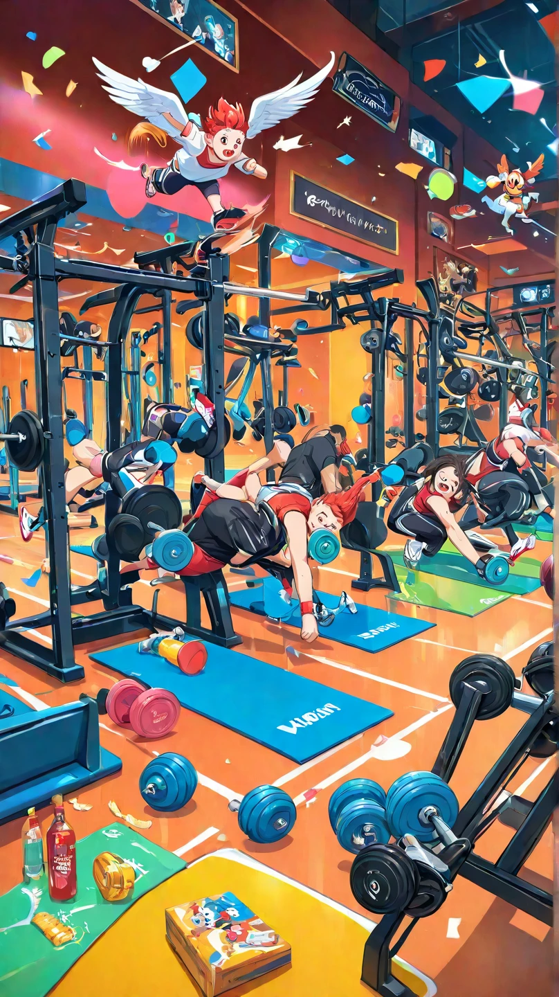A fast-paced, anime-style action scene inside a modern gym featuring a ...