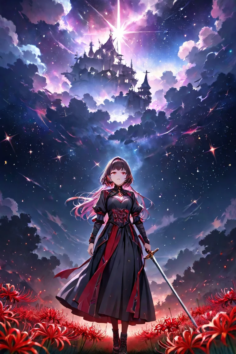 Lololoshka stands with her sword and looks at the dark, purple - SeaArt AI