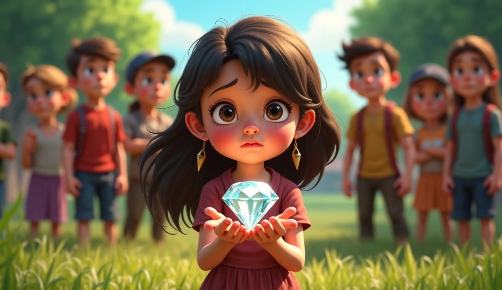 A young girl hold the diamond stone in her hands, while some villagers gathered - SeaArt AI