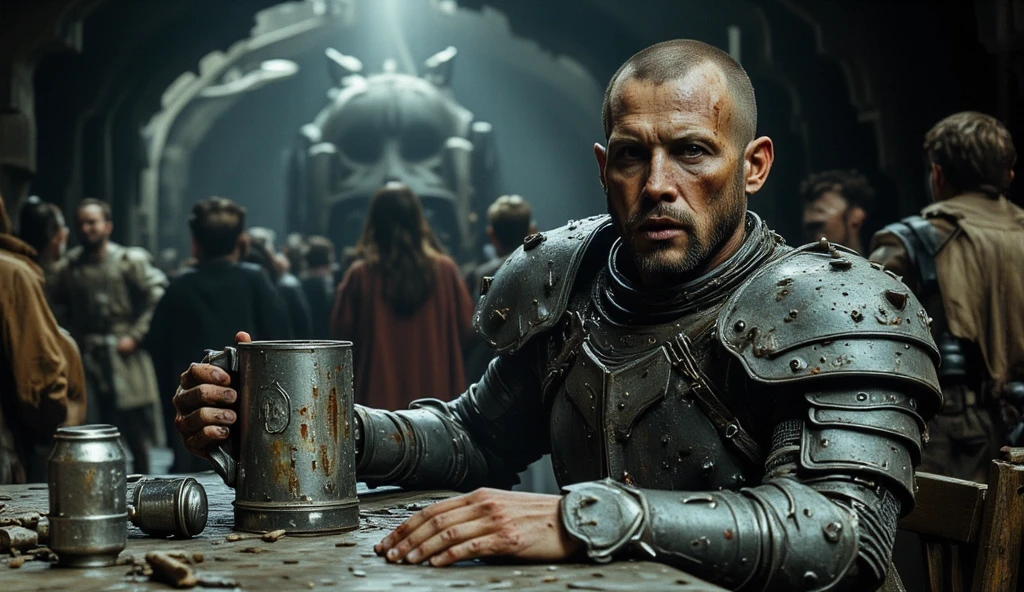 2 people sitting at a table in a crowded, rowdy medieval beergarden ...