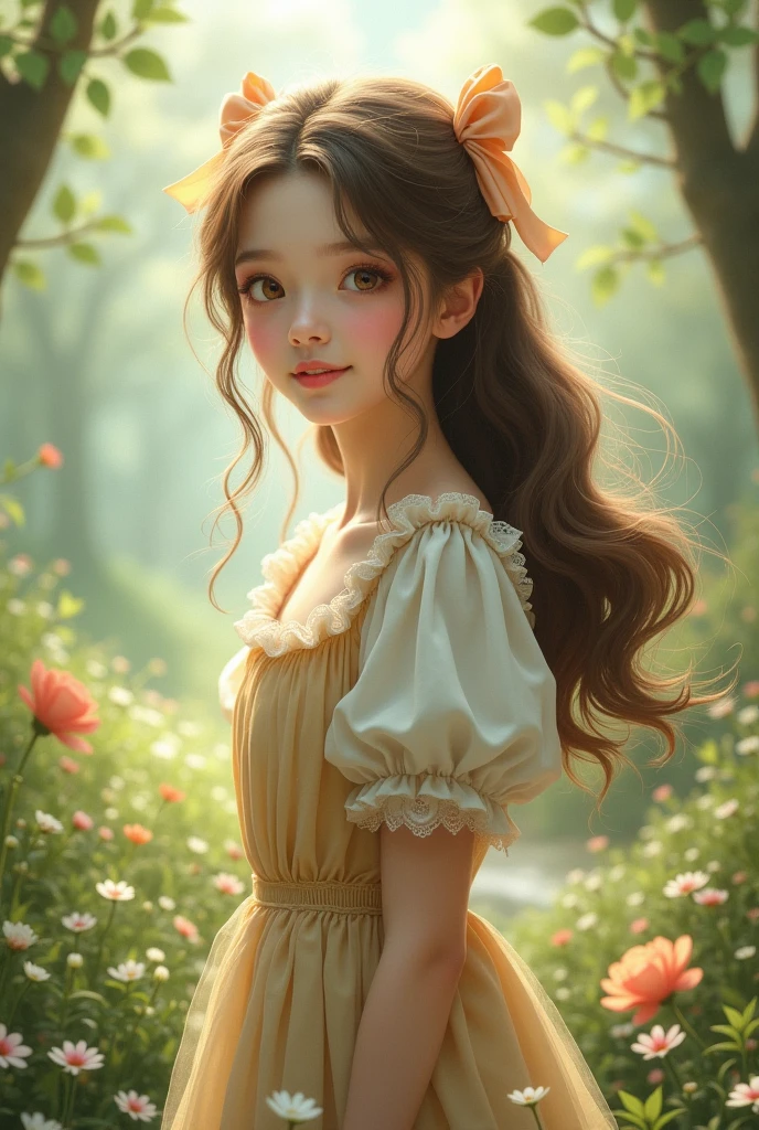 Use this second reference image but with bows, long hair and cute clothes - SeaArt AI