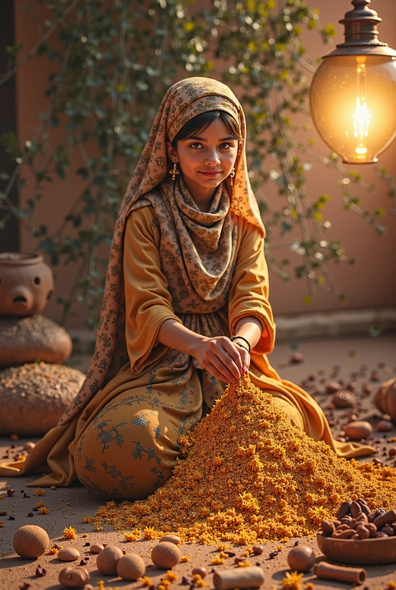 Arafed woman sitting on the ground with a pile of food - SeaArt AI