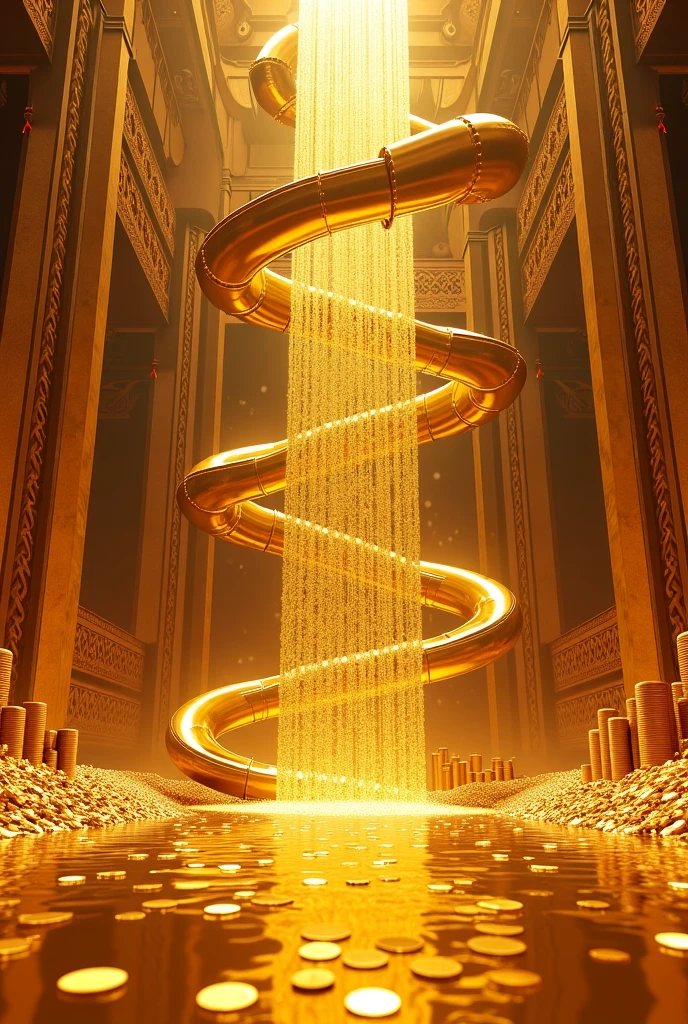 A giant gold slide pouring thousands of gold coins into a giant pool of ...