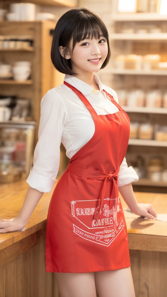 Only one woman, standing, (Staff uniform) (Red apron), /(Black hair ...