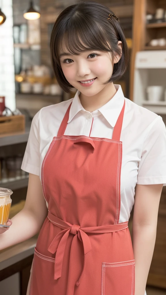Only one woman, standing, (Staff uniform) (Red apron), /(Black hair ...