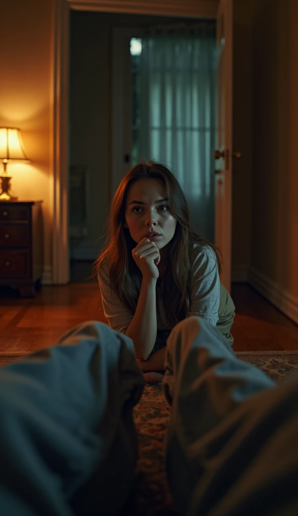 "Ultra-realistic 8K first-person perspective inside a dimly lit room ...