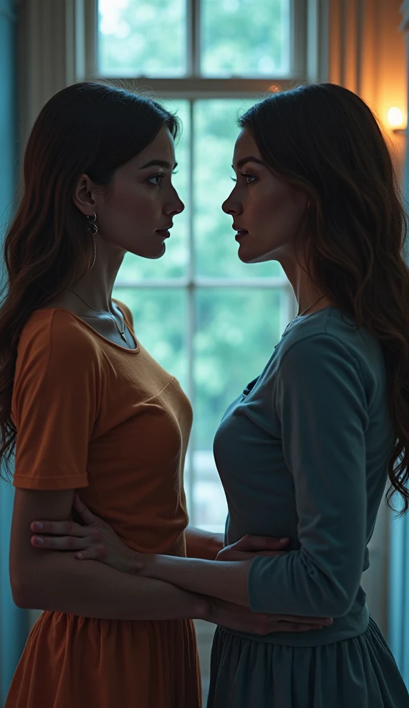 "Ultra-realistic 8K first-person view of two identical women standing ...