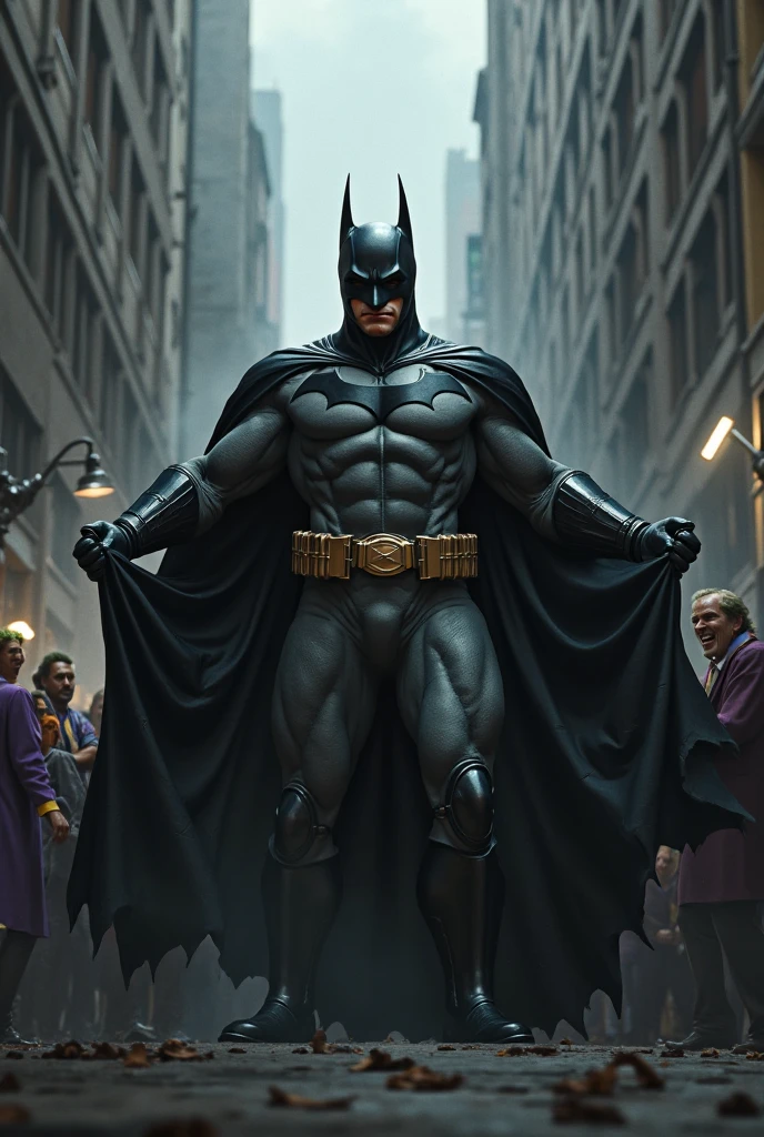 Create an image of Batman protecting several people from the evil Joker ...