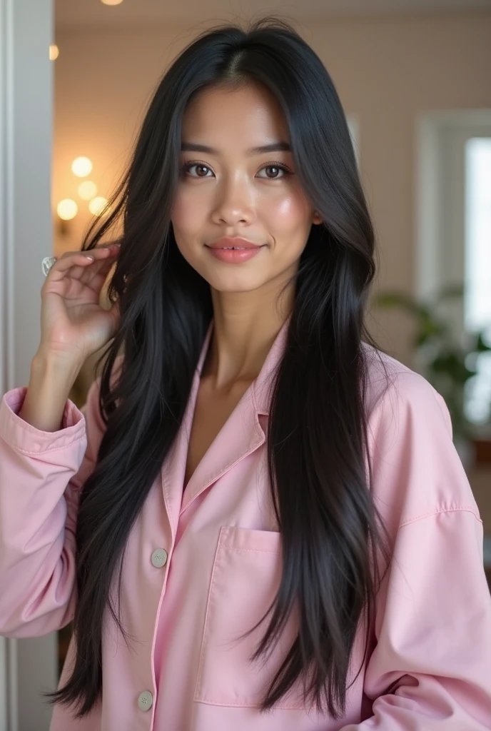 " a 25-year-old girl , with black hair, 90 centimeters long - SeaArt AI