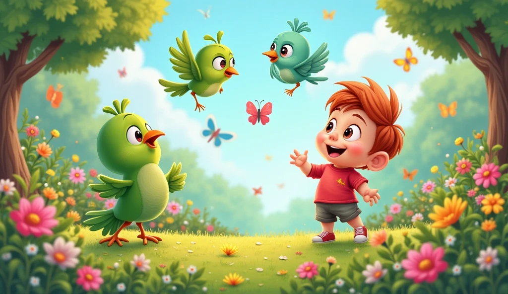 A colorful cartoon image of ren playing in a garden with green and red ...