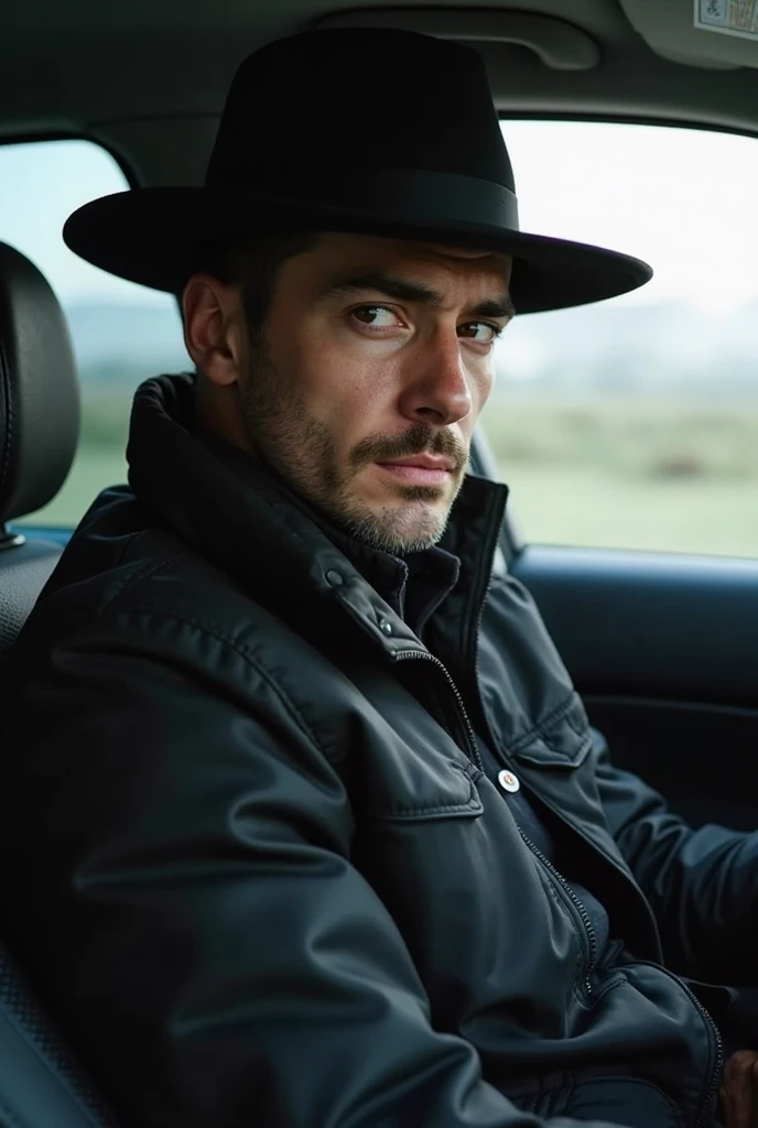 Paraffed man in a black hat and jacket sits in a car, taken in the ...