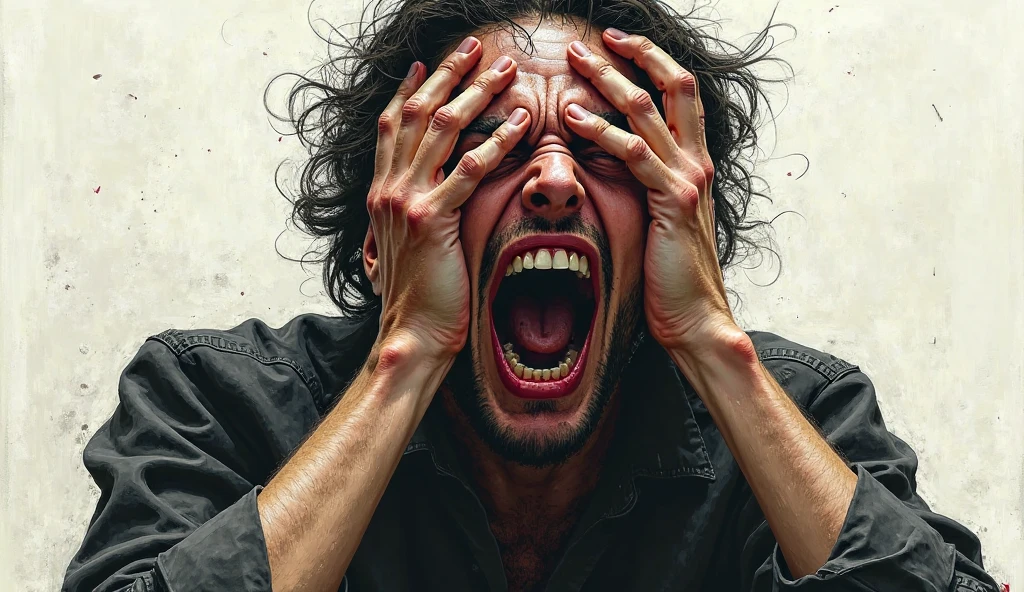 A desperate person with their hands on their heads screaming their eyes ...