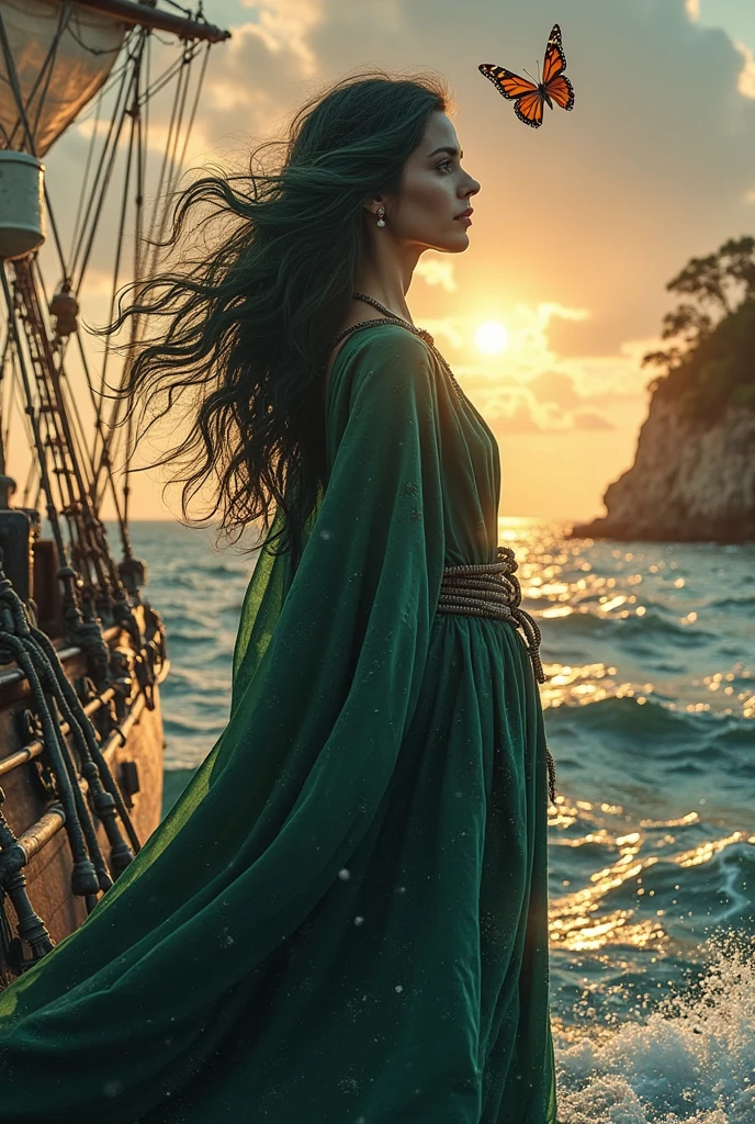 A scene of a beautiful pirate women with dark green hair,wearing Long ...