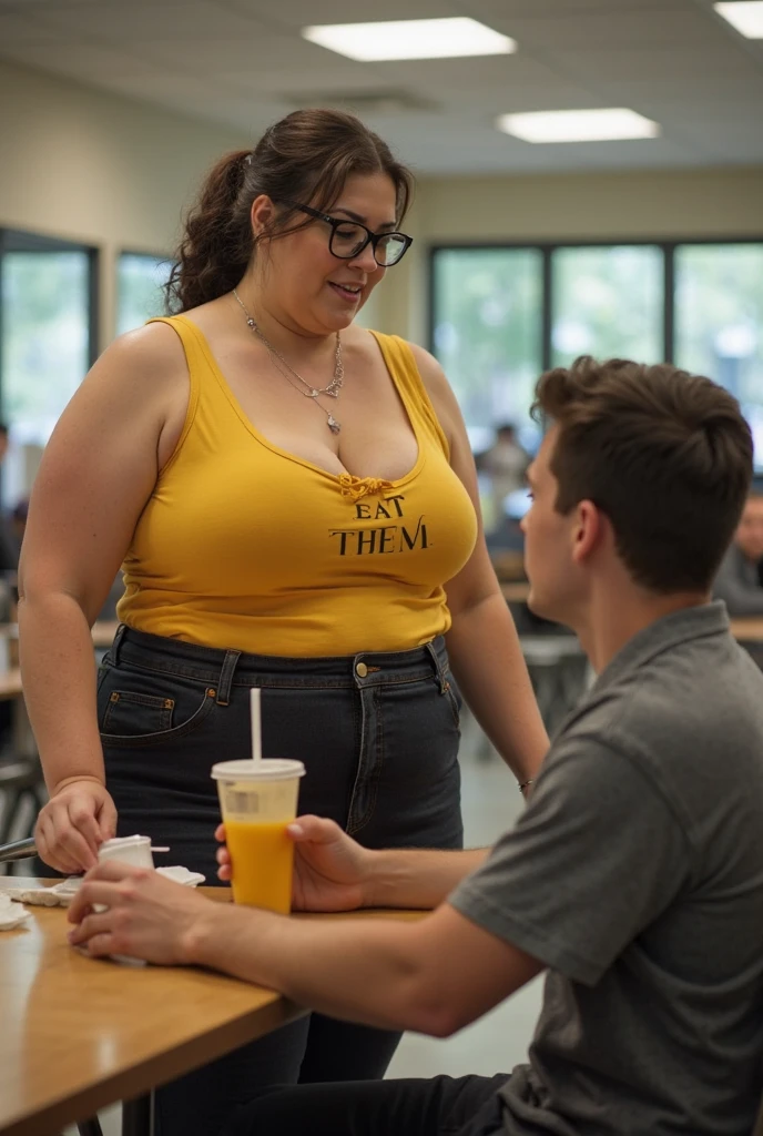 In a cafeteria, a massive hips voluptuous plus-sized 30-year - SeaArt AI