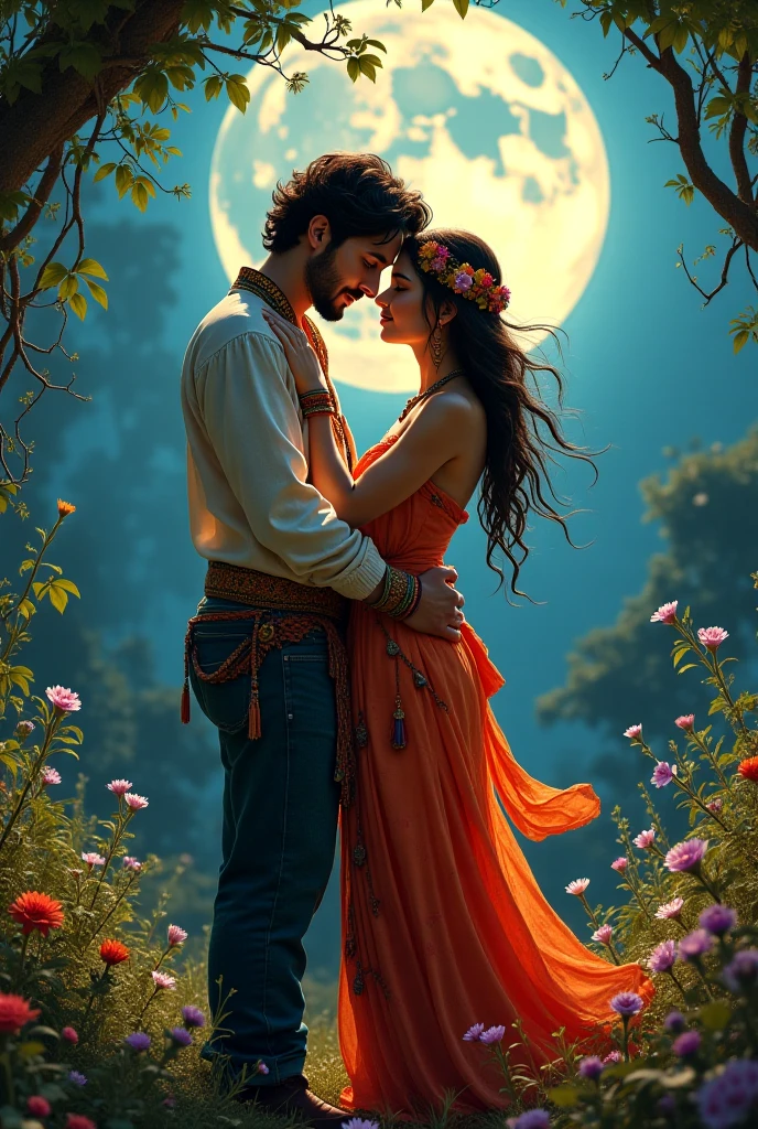 A beautiful gypsy couple loving each other under the moonlight - SeaArt AI