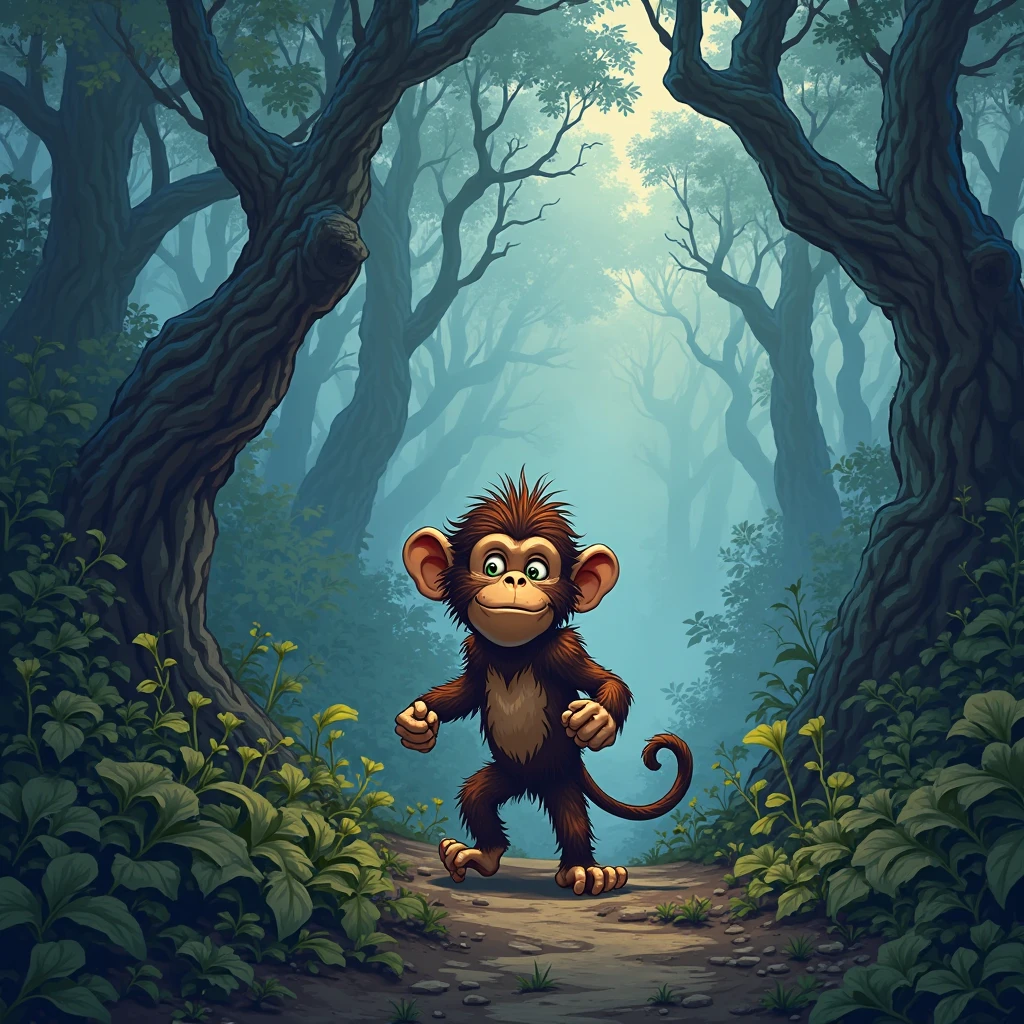 A curious monkey walking in a dark and mysterious valley, with crooked trees and - SeaArt AI