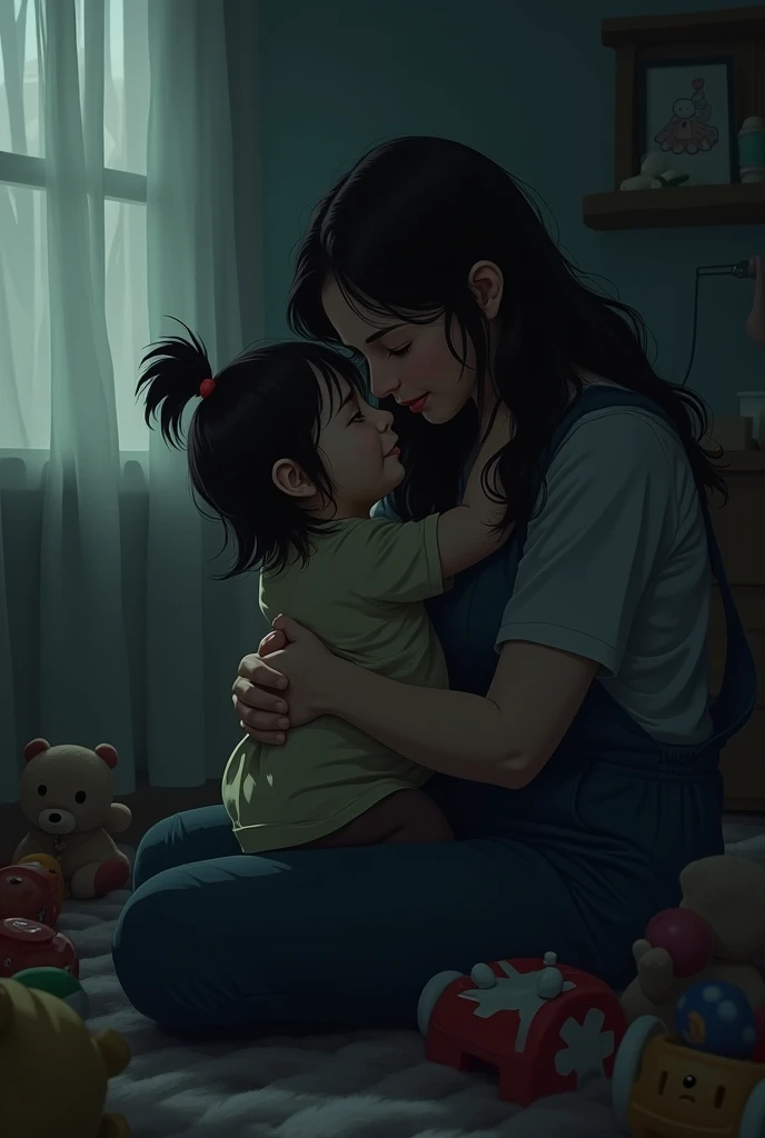 Very tired mother with her daughter alone in a room, surrounded by toys ...