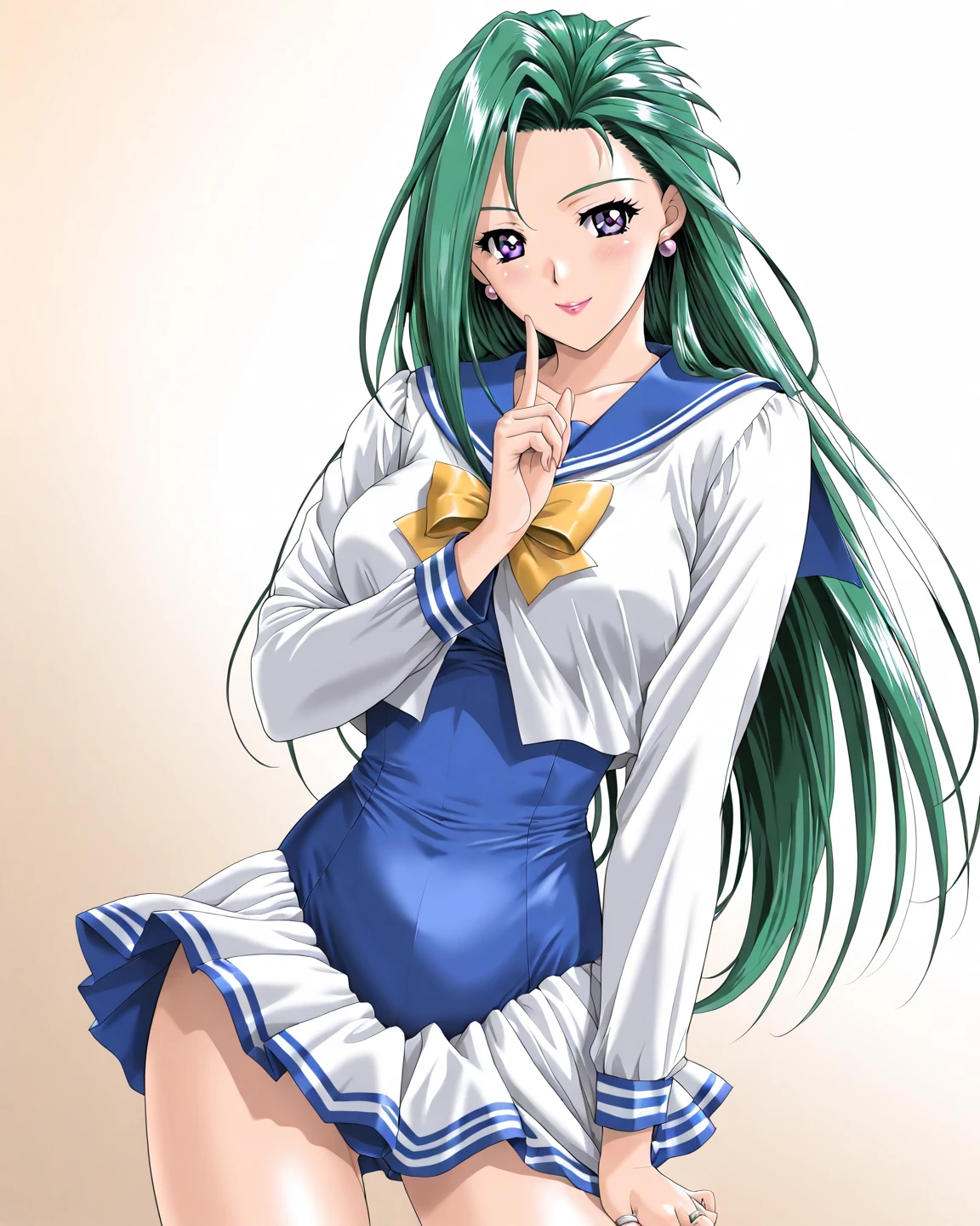 Mitsuki_Shizuka, alone, long green straight hair, , purple eyes - SeaArt AI