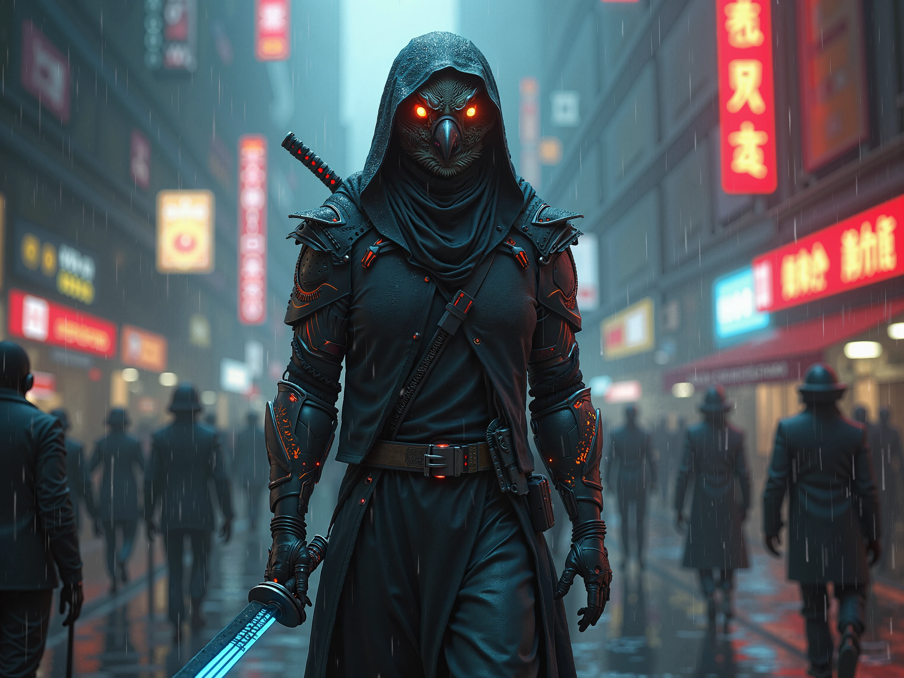 There is a man with a sword walking down a street - SeaArt AI