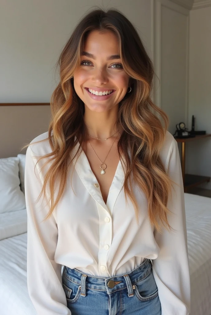 A young digital influencer, with long wavy hair , in a light brown ...