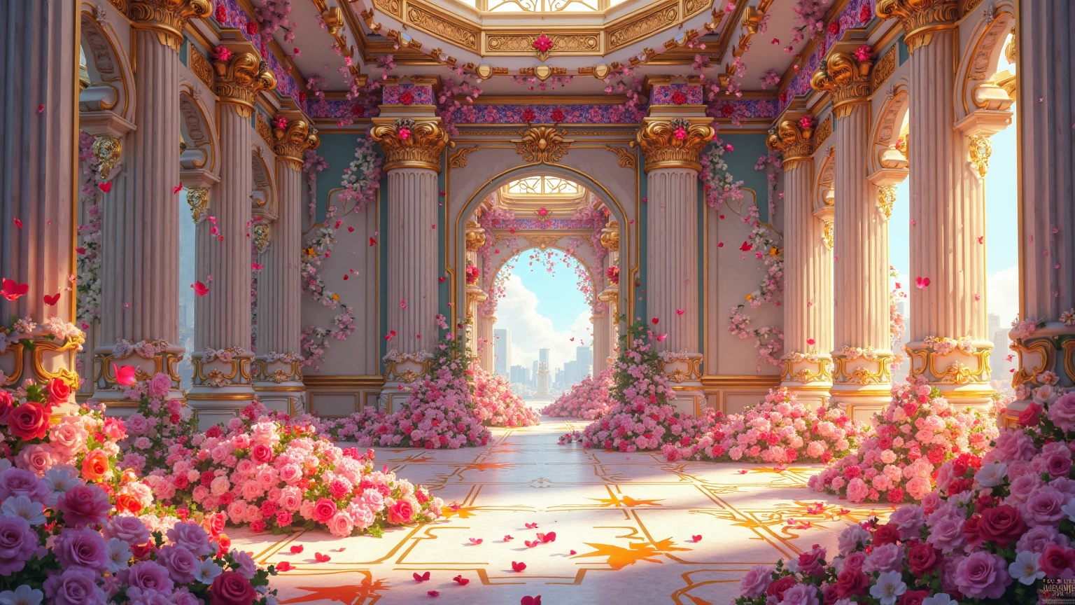 Inside is a colorful palace decorated with bright flowers without ...