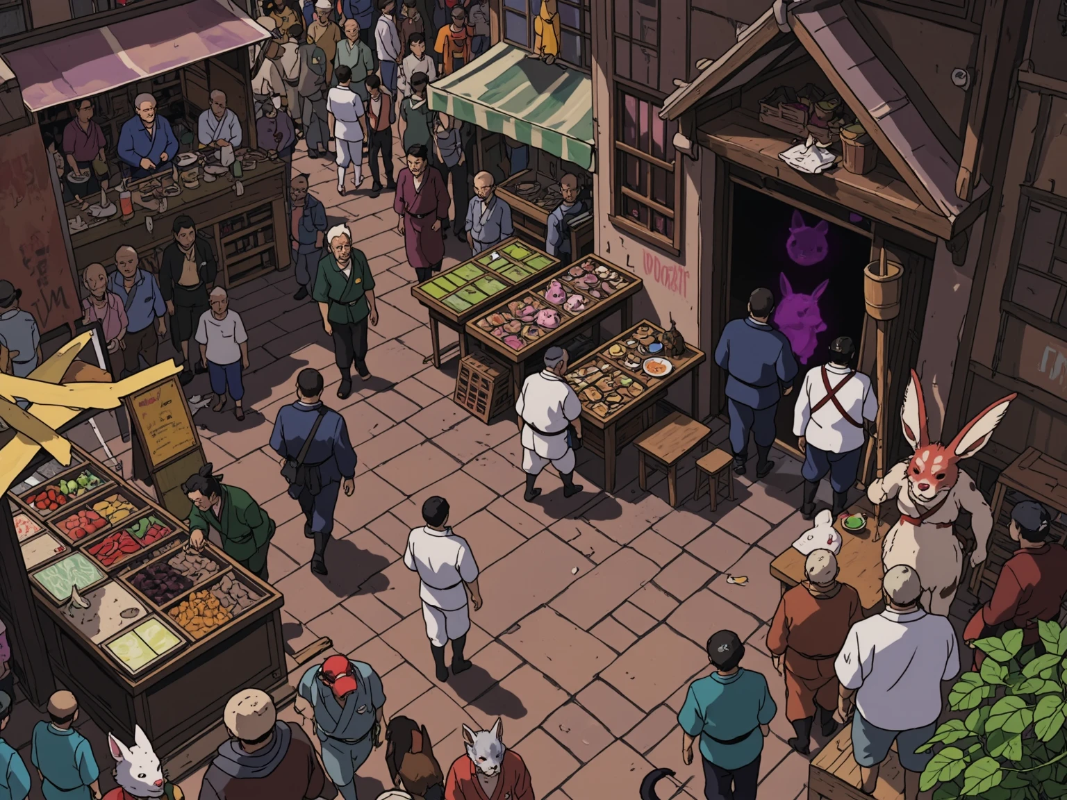 A cartoon image in the style of Ghibli, ghiblistyle, a bustling market ...
