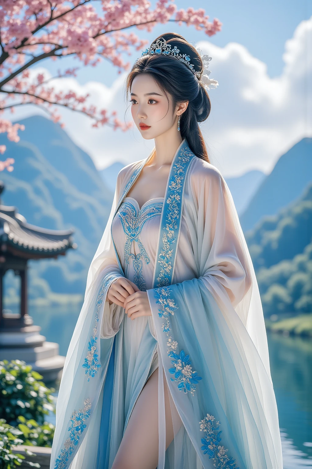 With blue sky and white clouds， mountains in the distance， Pink Flowers - SeaArt AI