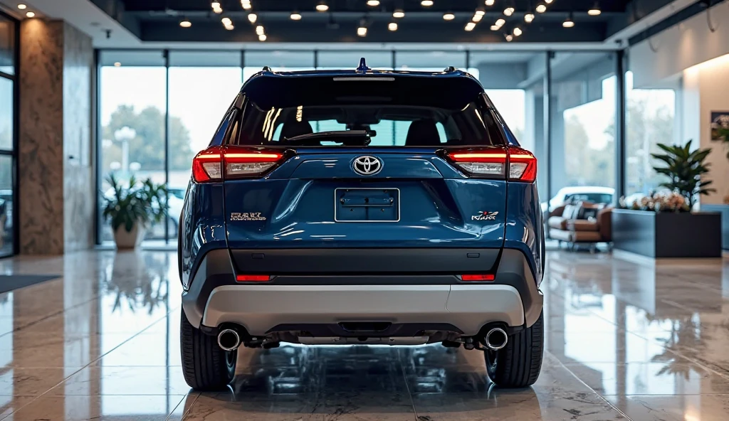 Generate an image of a dark blue Toyota RAV4 from the rear angle ...