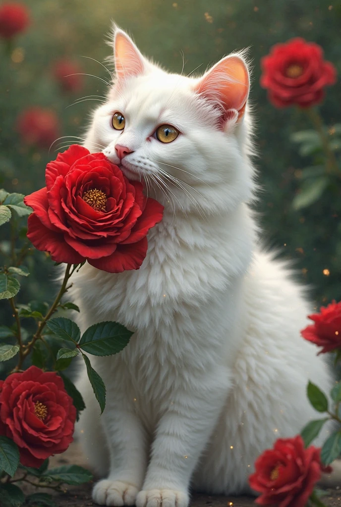 White cat /Red rose - SeaArt AI