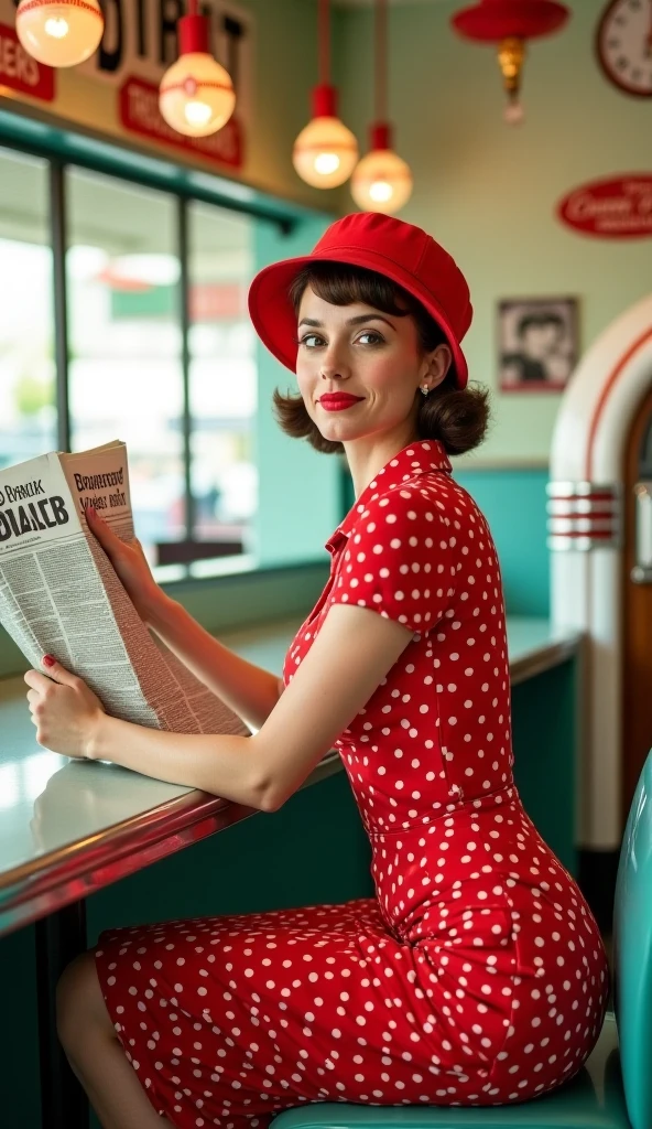 A vintage diner scene featuring a woman in a red polka dot dress and ...