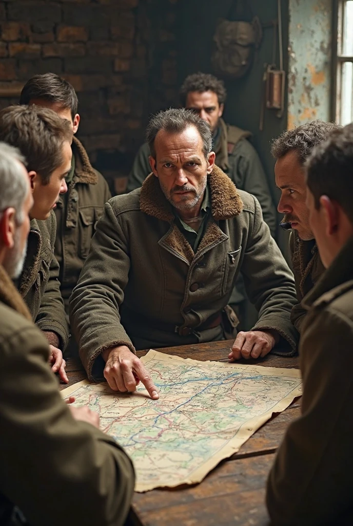 A group of rugged freedom fighters, dressed in worn-out coats and ...