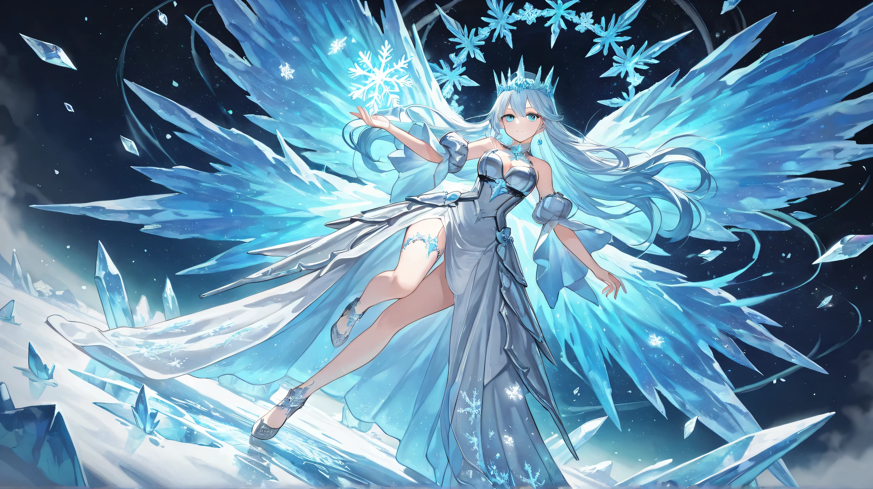 Anime girl with blue wings and a white dress standing in the snow ...