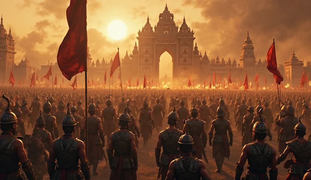 Cinematic 16:9, ultra-detailed, massive enemy army before the gates of ...