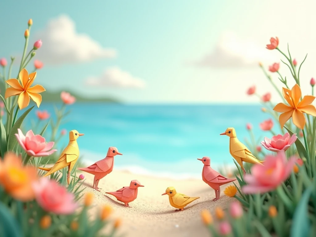 "An origami scene depicting spring near a beach, featuring intricately ...