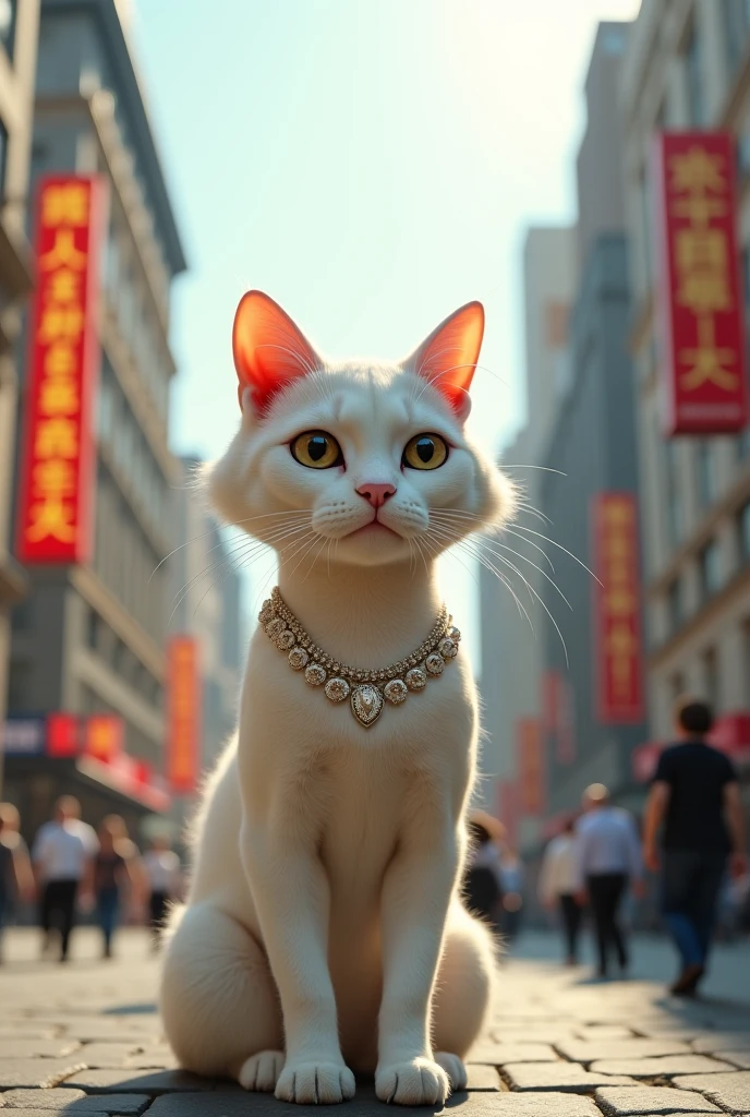 A white female cat wearing formal dress on the city - SeaArt AI
