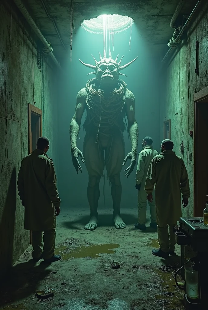 Decayed, secret, buried laboratory, dimly lit, flickering shadows ...