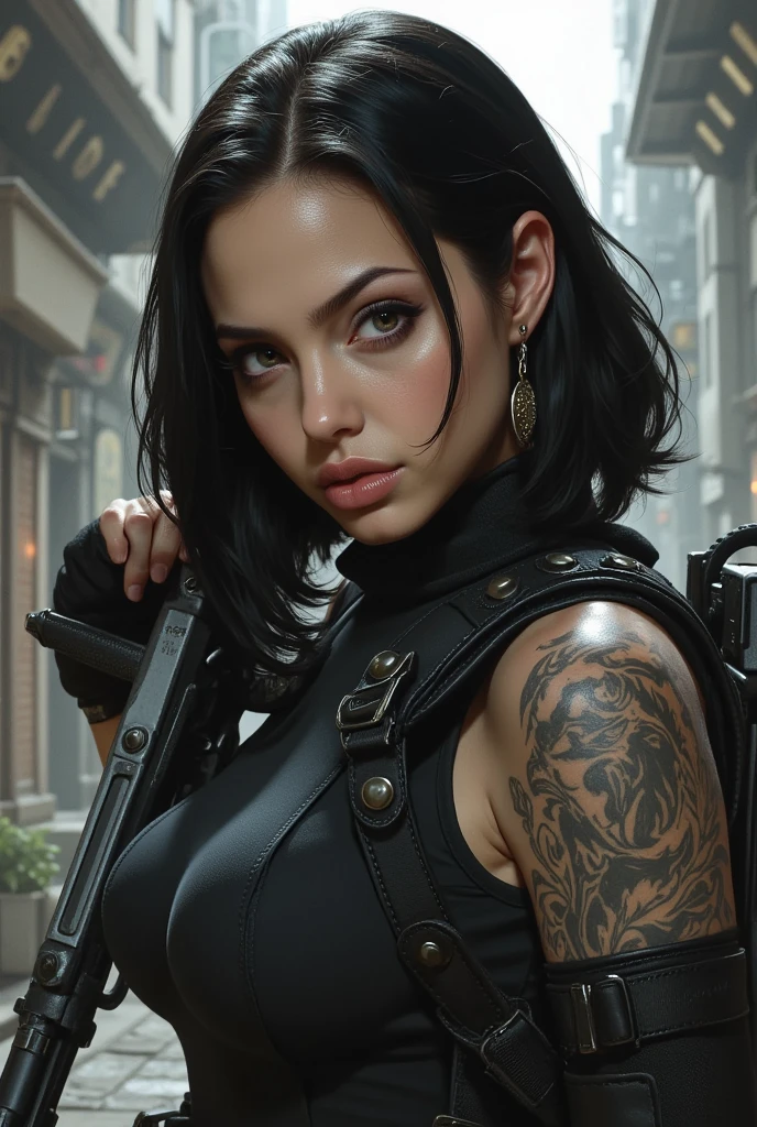 Black-haired military girl operative Mara with a gun in her hands and a ...