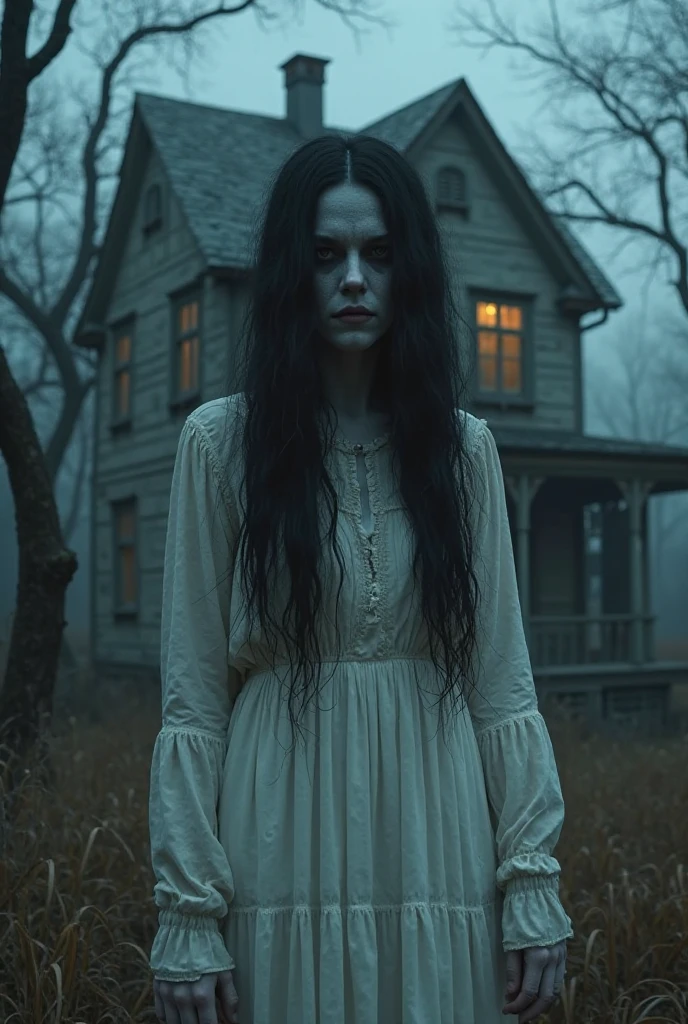 : "A terrifying female ghost with long, messy black hair wearing a ...