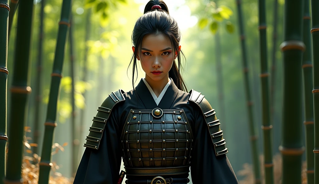 A hot samurai kunoichi standing in a bamboo forest looking straight ...