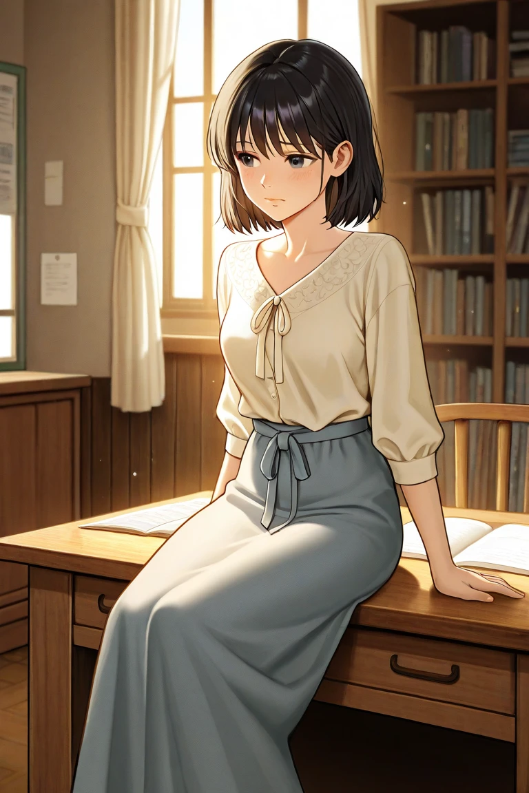 Helen Keller with a teacher in anime style, sitting at a desk and in a ...