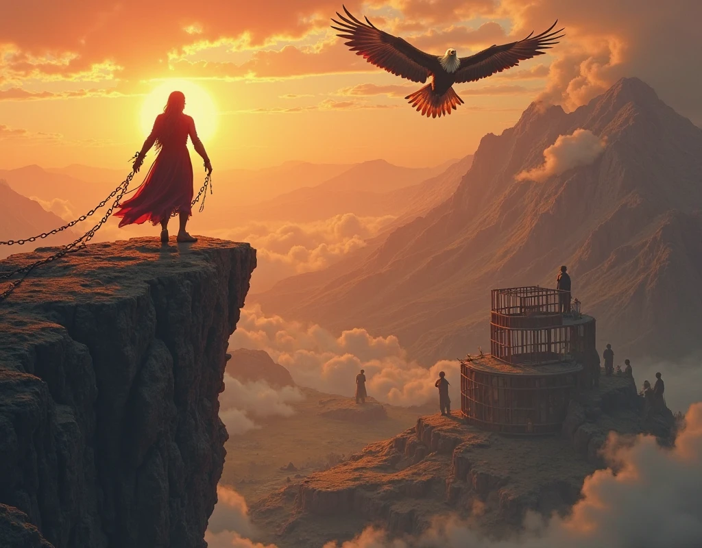 [(A lone figure stands atop a jagged cliff, arms outstretched against a ...